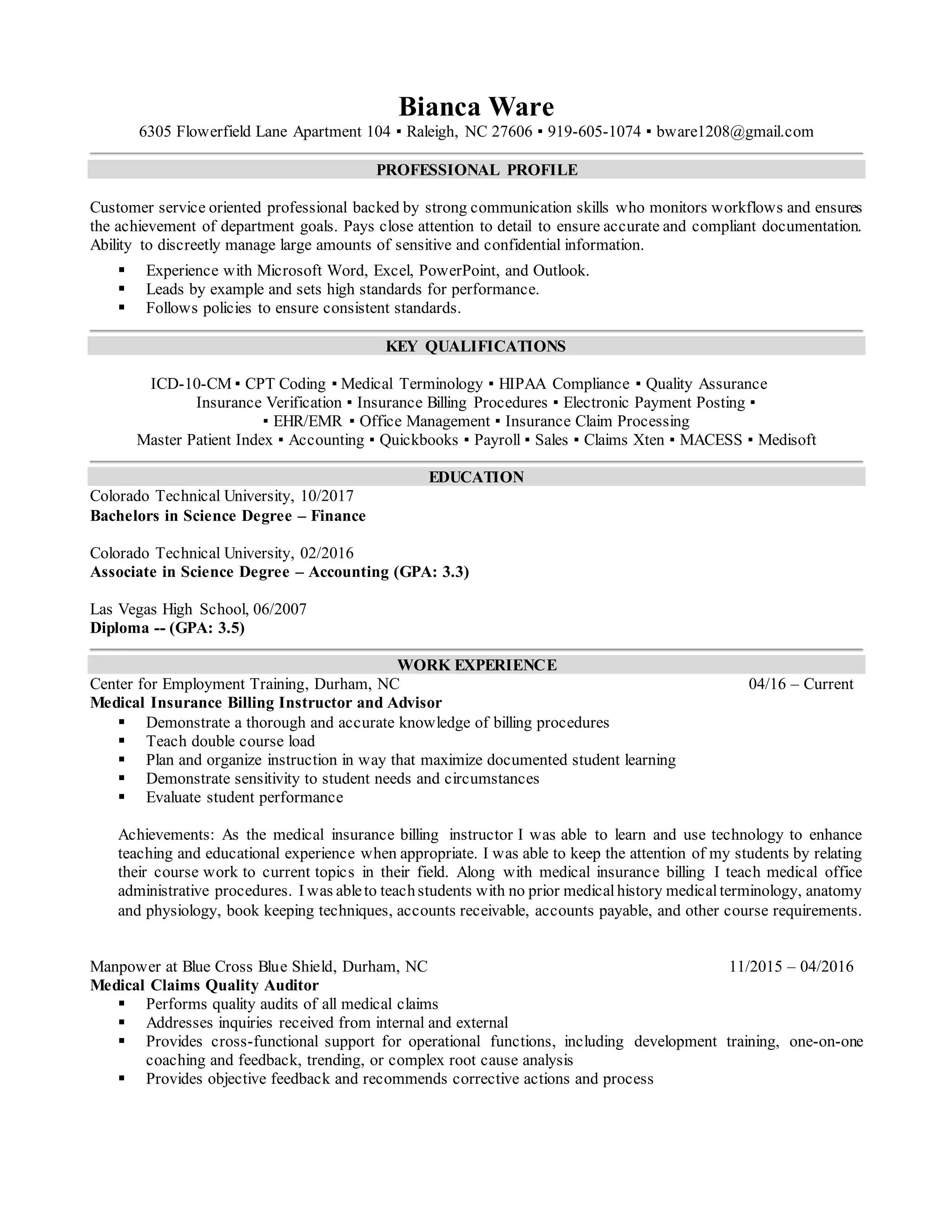 Ware resume | DOCX | Health Insurance | Insurance