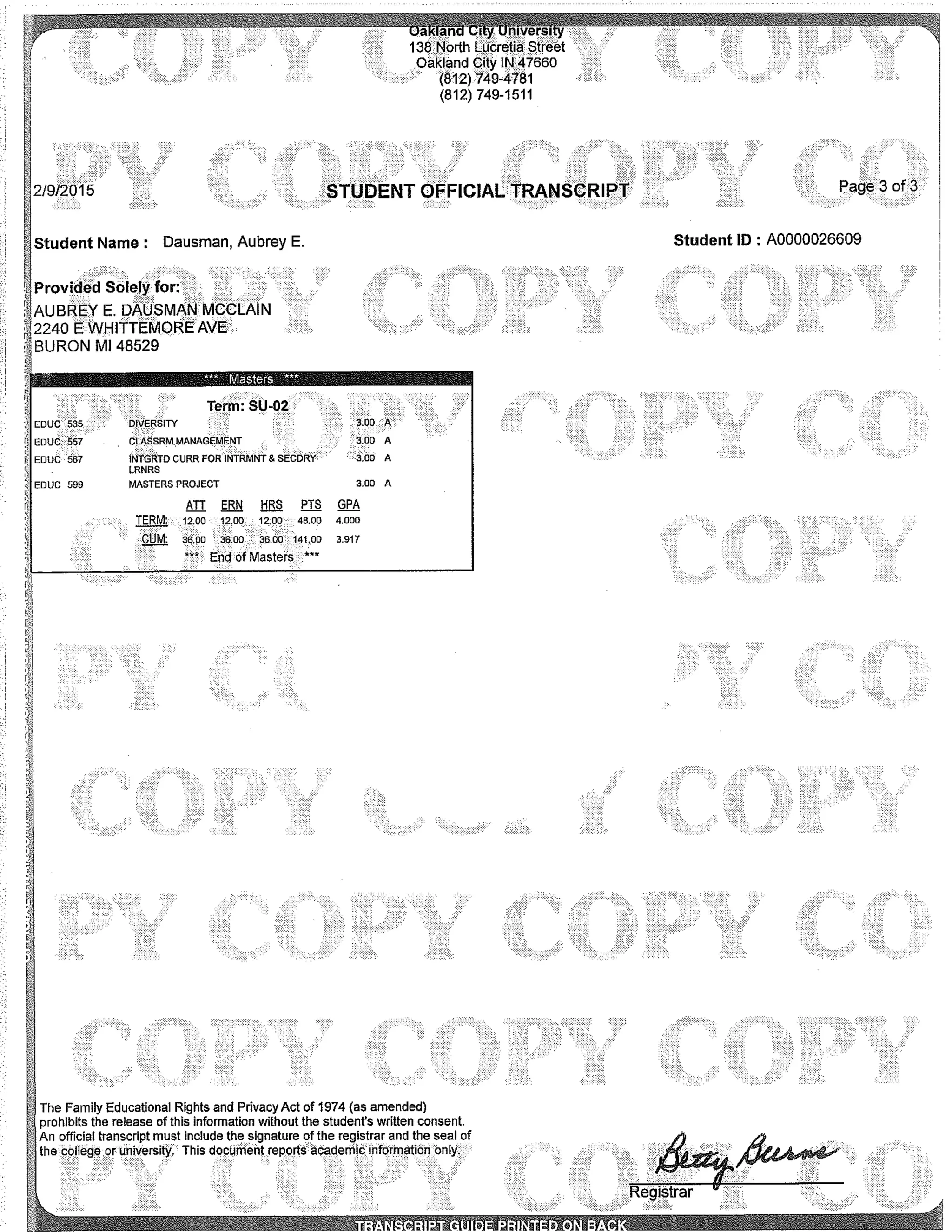 OCU Official Transcripts | PDF
