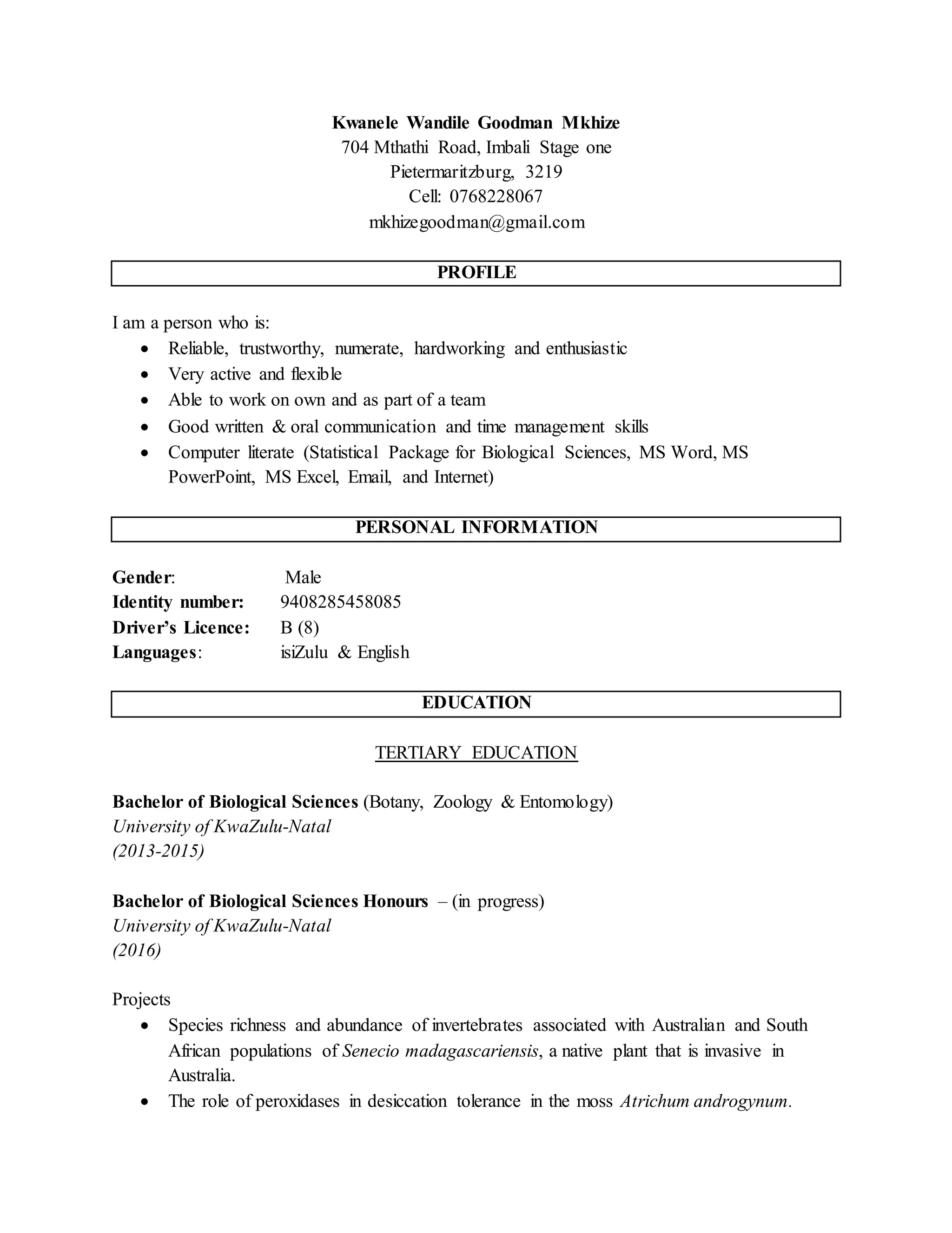 Kwanele Mkhize C.V | DOCX