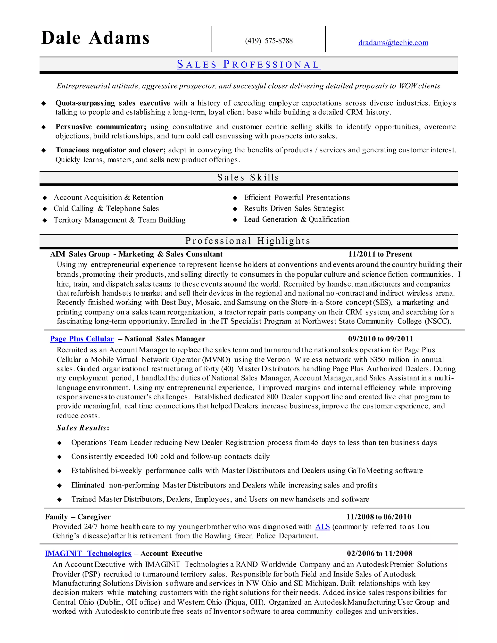 Resume Dale Adams - Sales Professional | DOCX