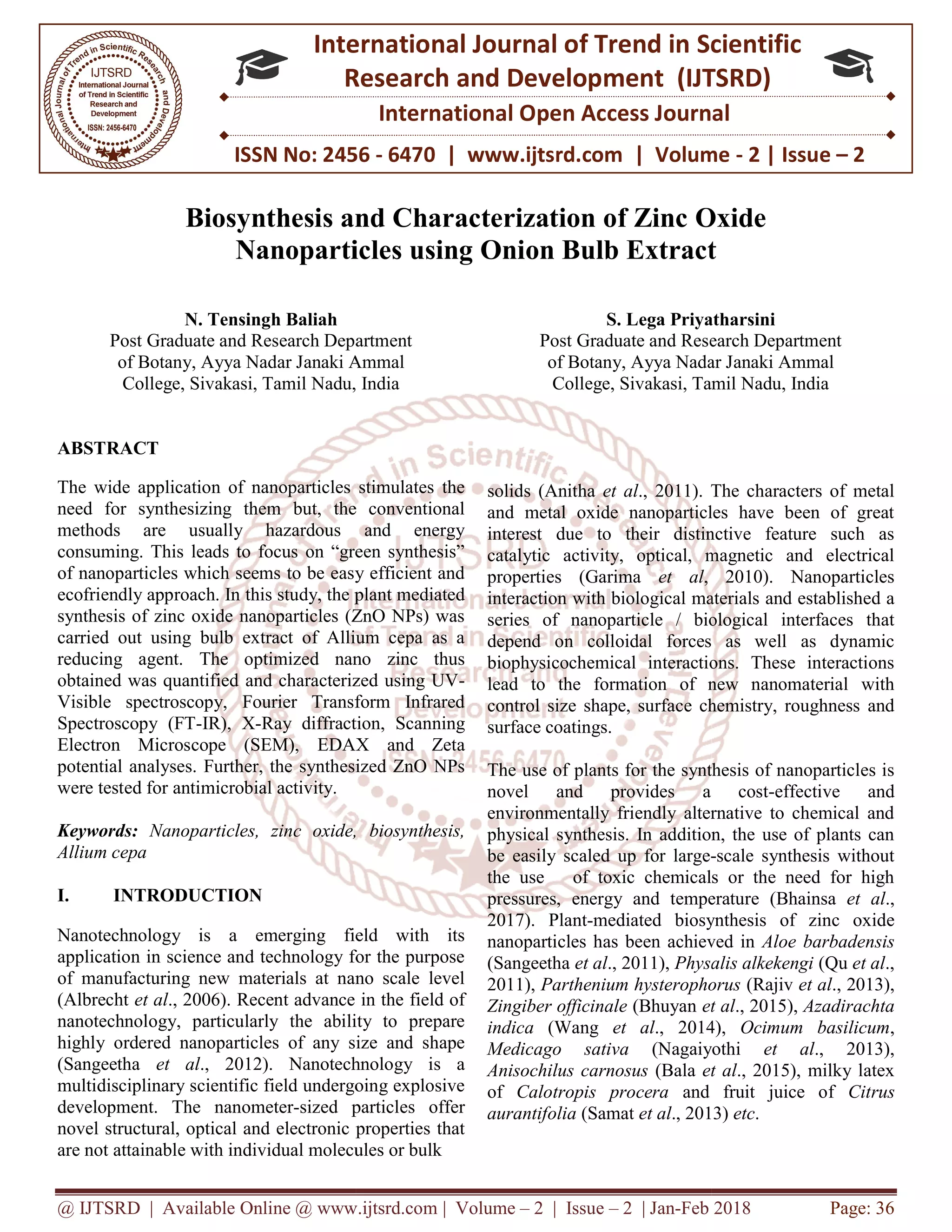 Biosynthesis and Characterization of Zinc Oxide Nanoparticles using Onion Bulb Extract | PDF
