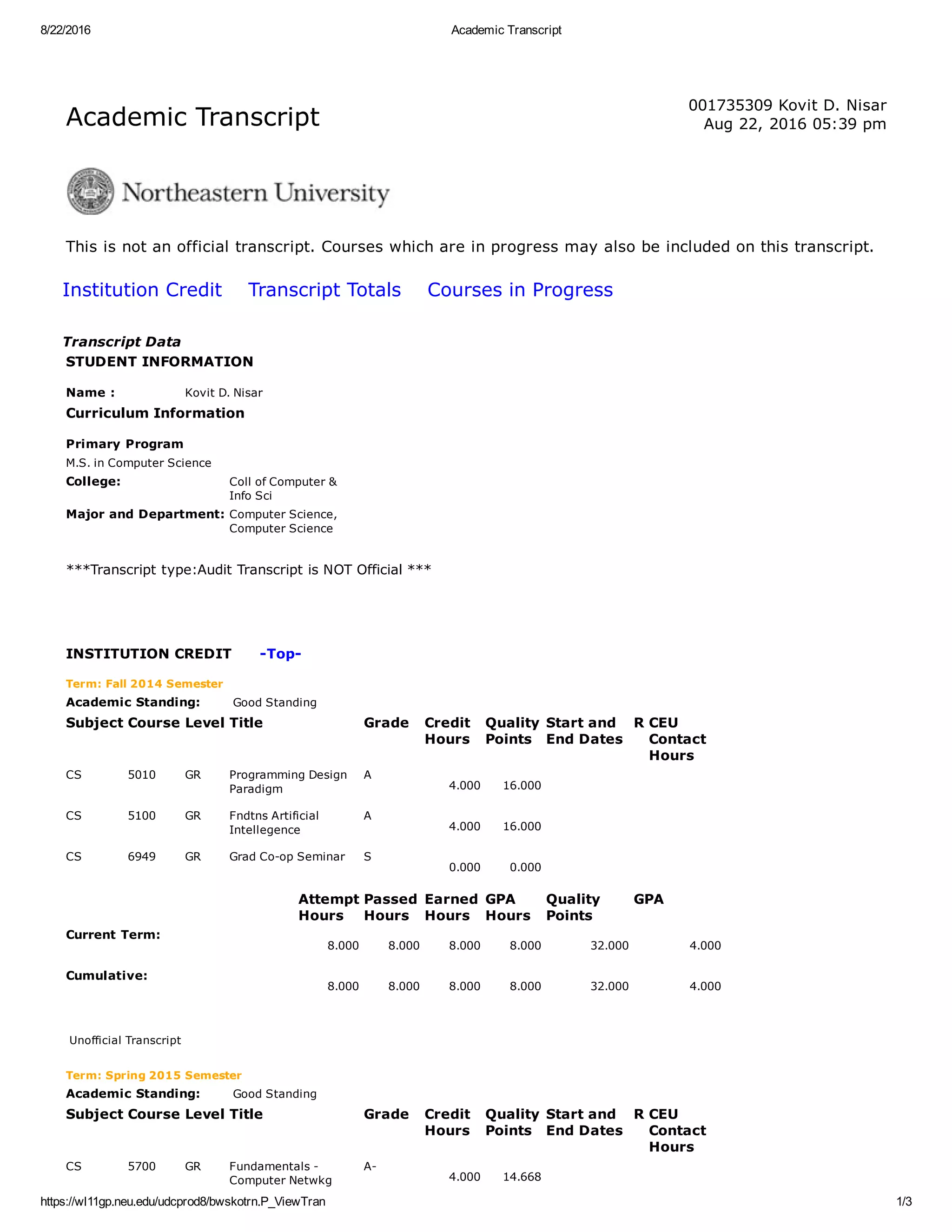 Academic-Transcript-Kovit-Nisar | PDF