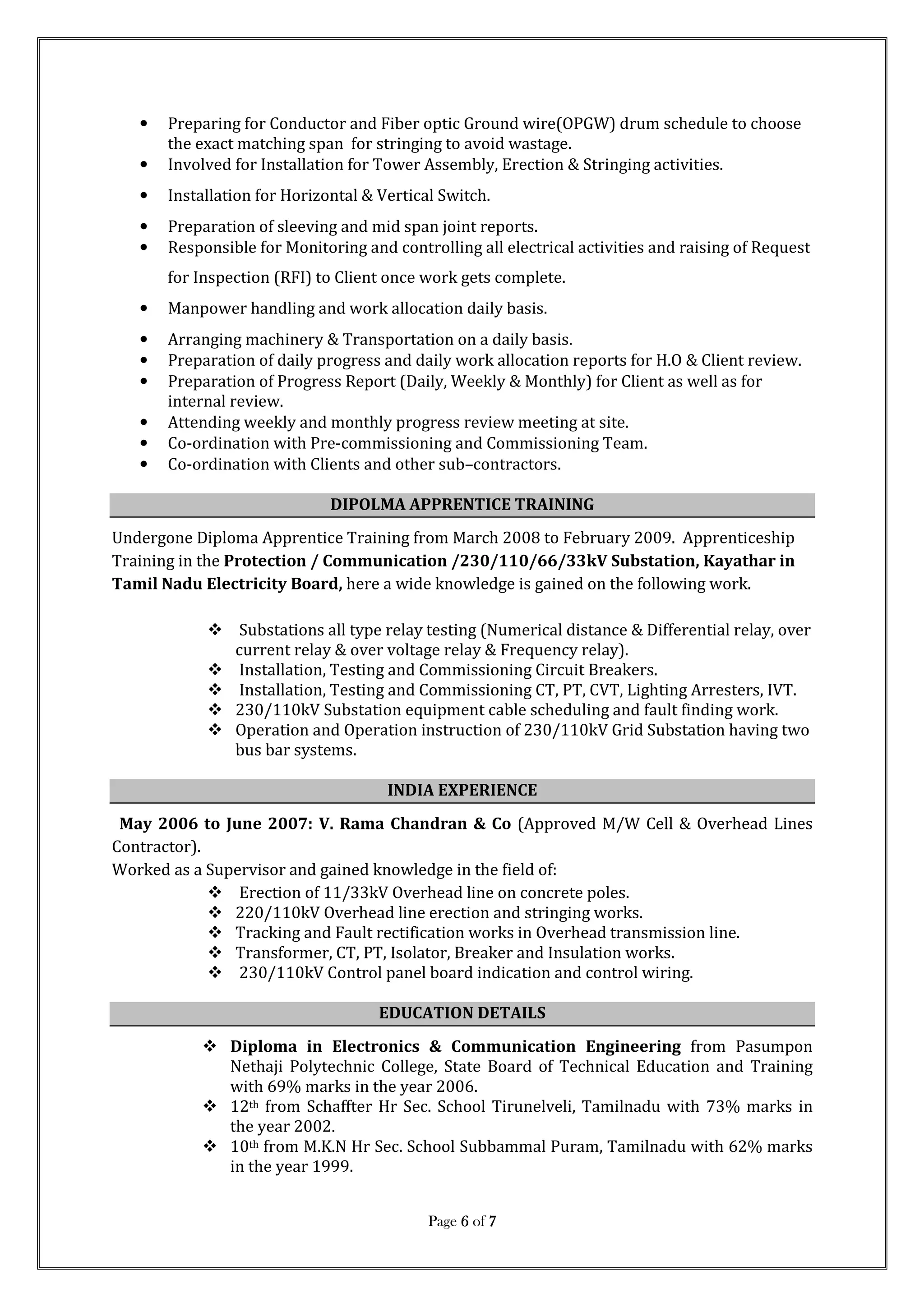 ELECTRICAL SUPERVISOR CURRICULUM VITAE | PDF