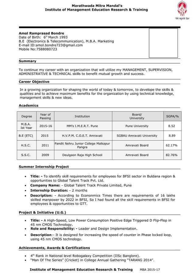 Amol Resume Clg - Copy | DOC | Business Administration | Business