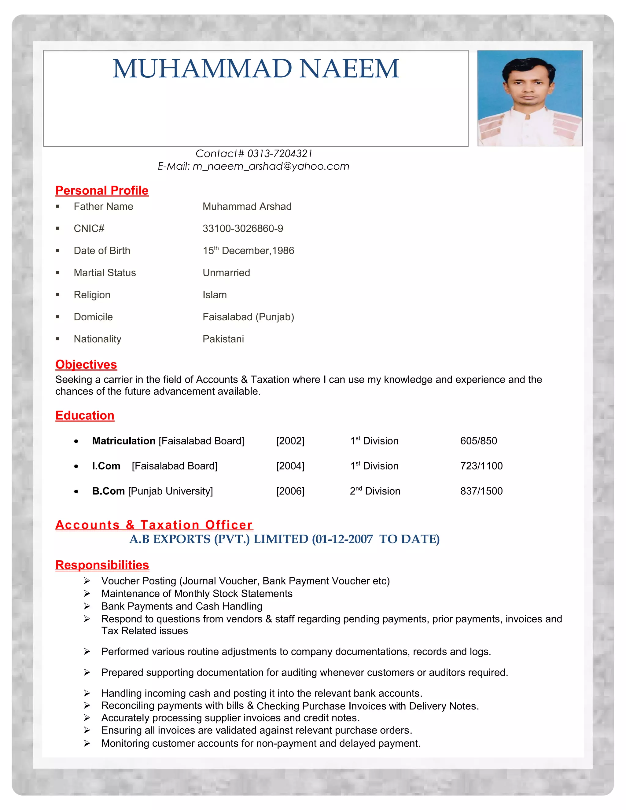 Naeem arshad CV (Accounts & Taxation Officer) | DOC