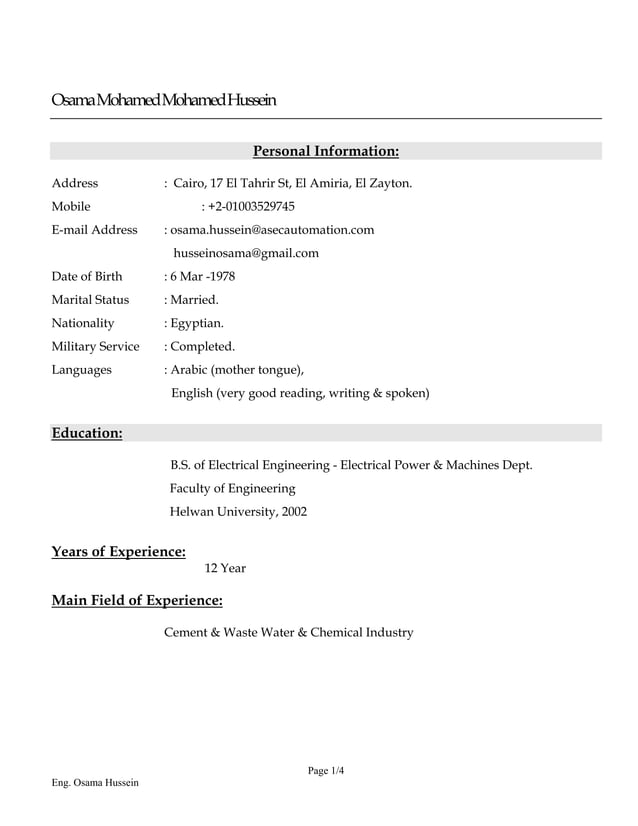 Osama Hussein CV. | PDF | Civil Engineering Industry | Industries