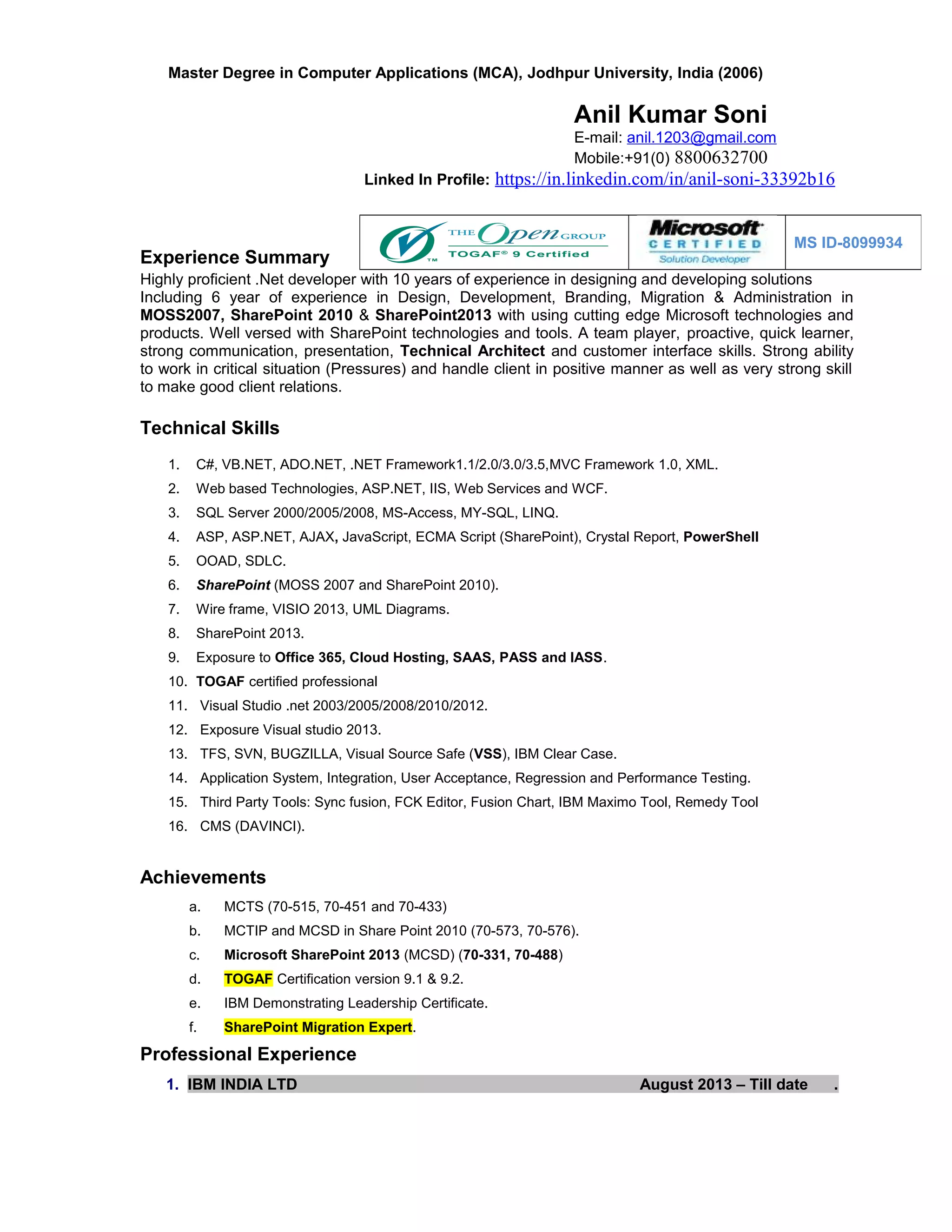 Anil Soni SharePoint Professional | DOC | Computer Software and Applications | Computing