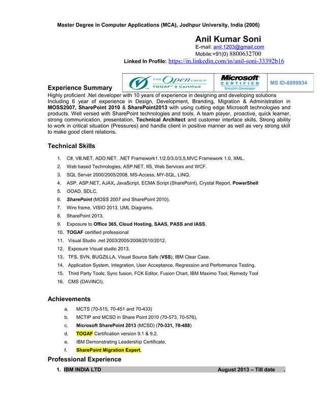 Anil Soni SharePoint Professional | DOC | Computer Software and ...