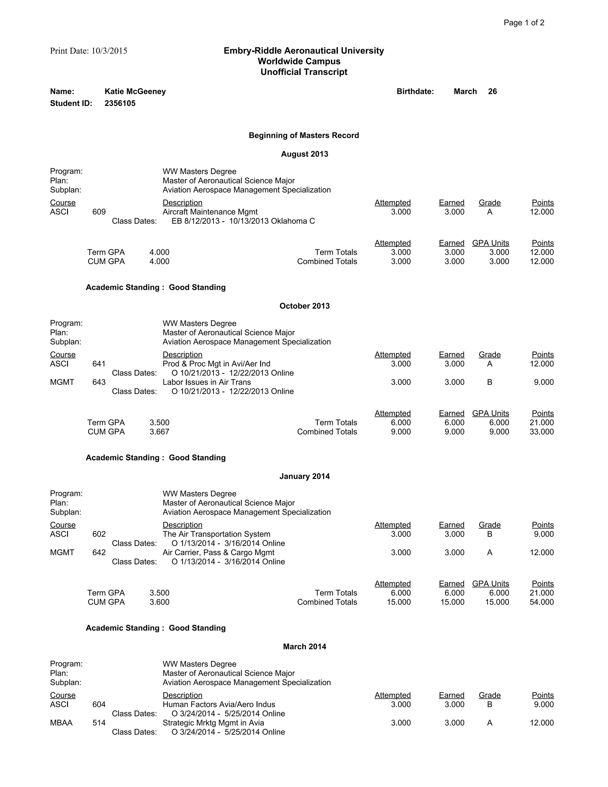 Katie McGeeney Master's in Aeronautical Science Unofficial_TSRPT | PDF