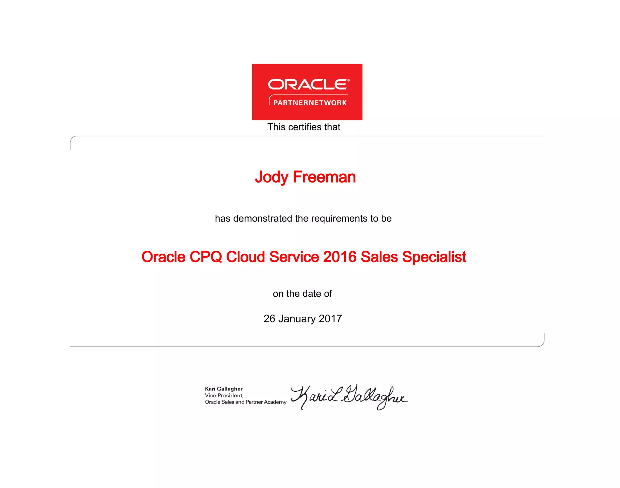 Jody Freeman Oracle CPQ Cloud Service 2016 Sales Specilist | PPT