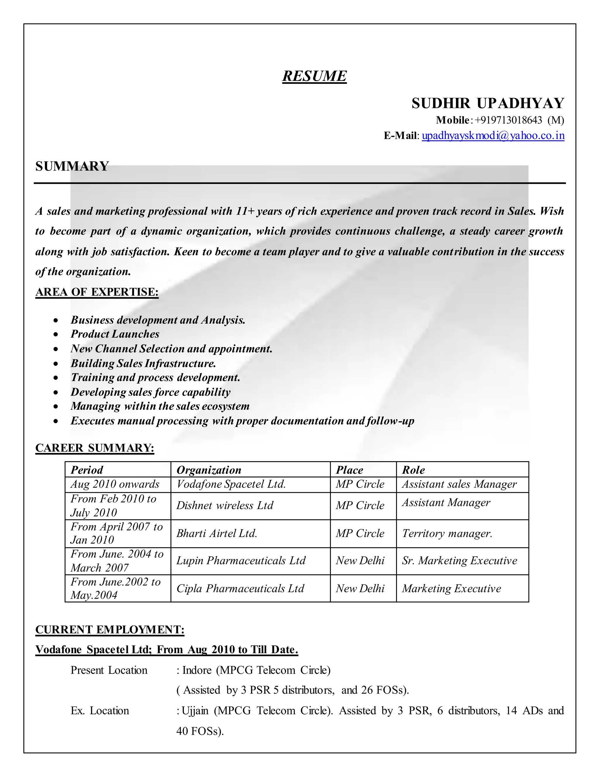 CV- Sudhir upadhyay | DOCX | Telecommunications Industry | Industries