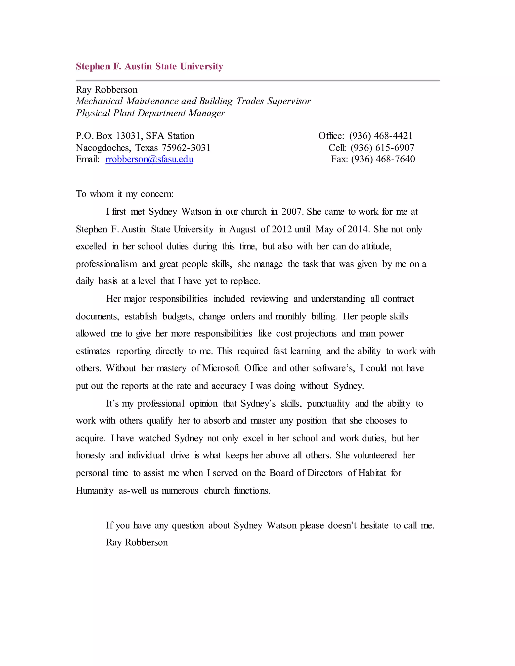 Sydney Watson Reference Letter | DOCX