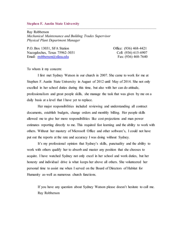 Sydney Watson Reference Letter | DOCX