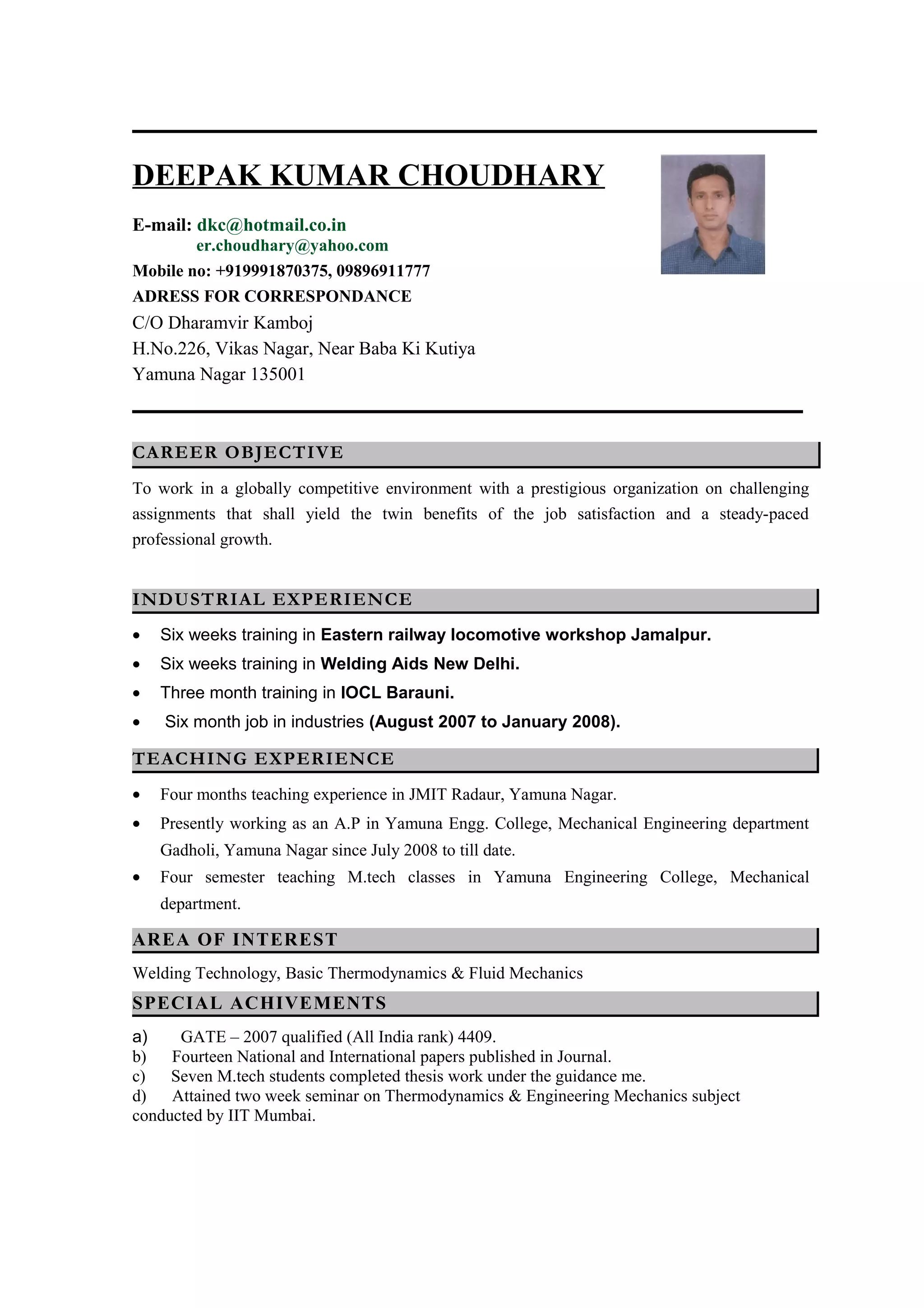RESUME OF MECHANICAL ENGG | DOC | Physics | Science