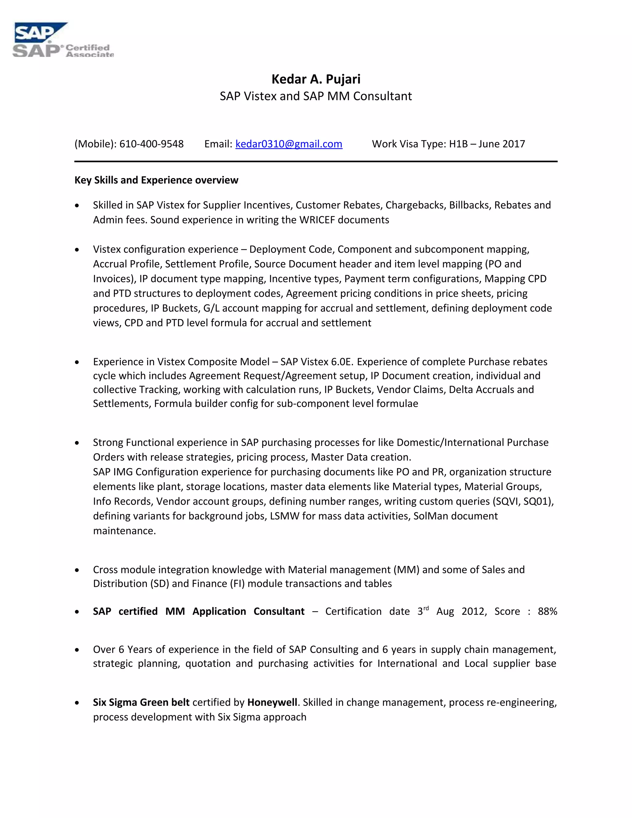 Kedar Pujari - SAP Vistex | DOC | Logistics | Business