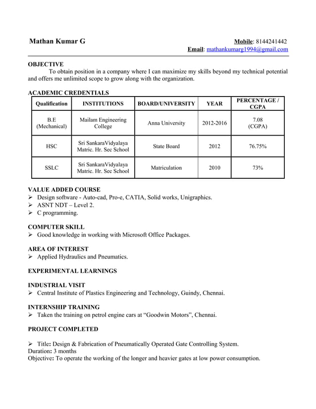 MATHAN KUMAR G RESUME | PDF