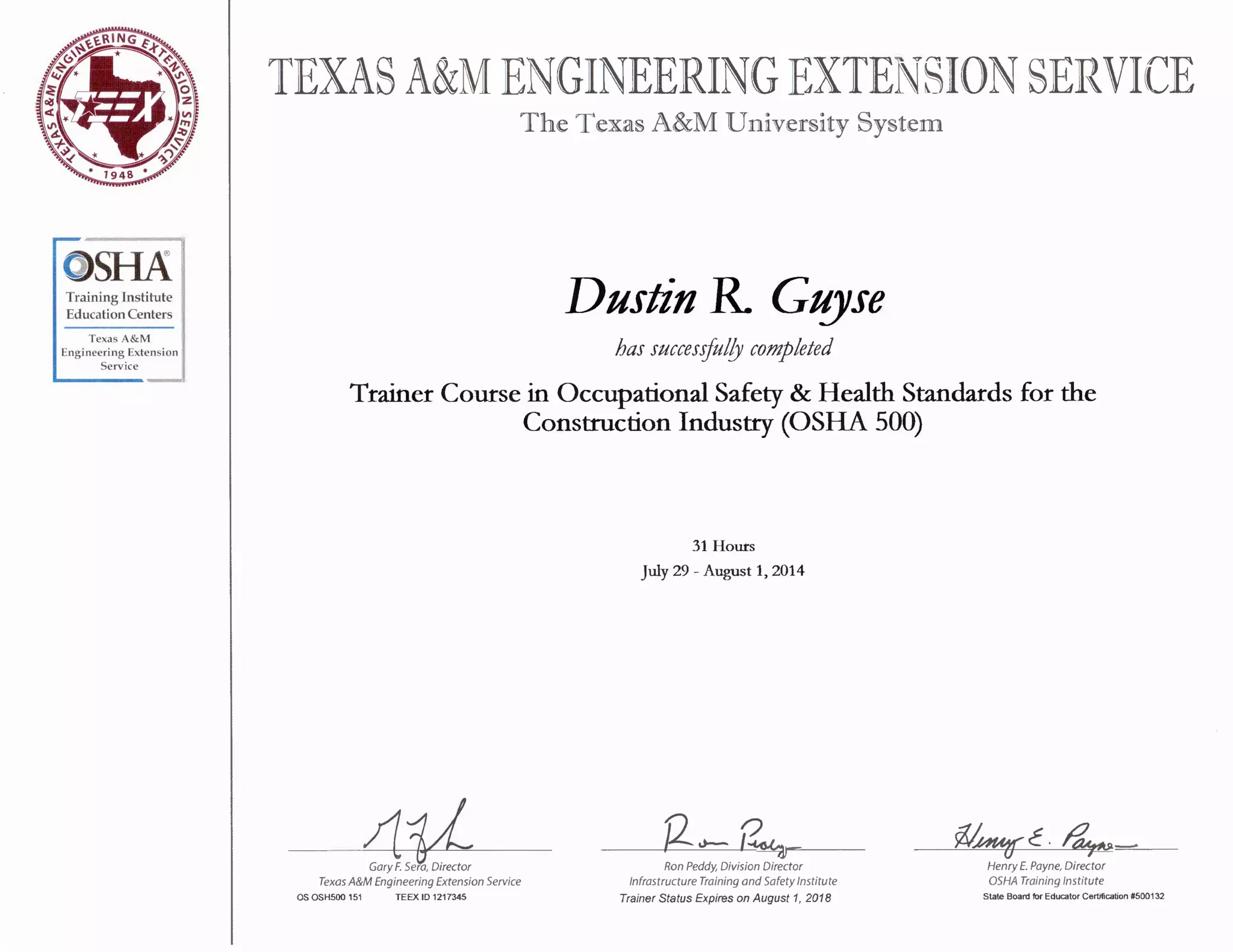 OSHA 500 Certificate | PDF