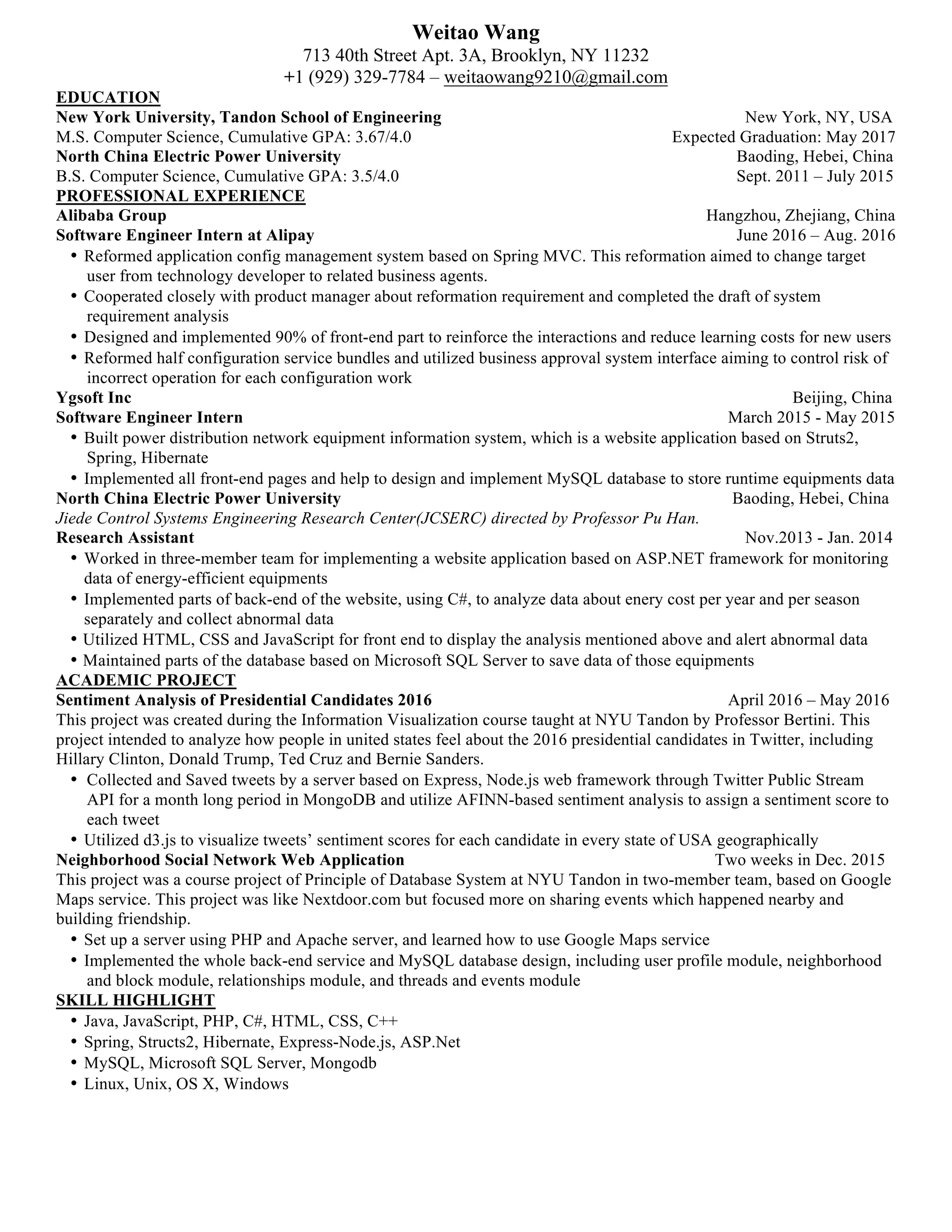 Weitao Wang Resume | PDF