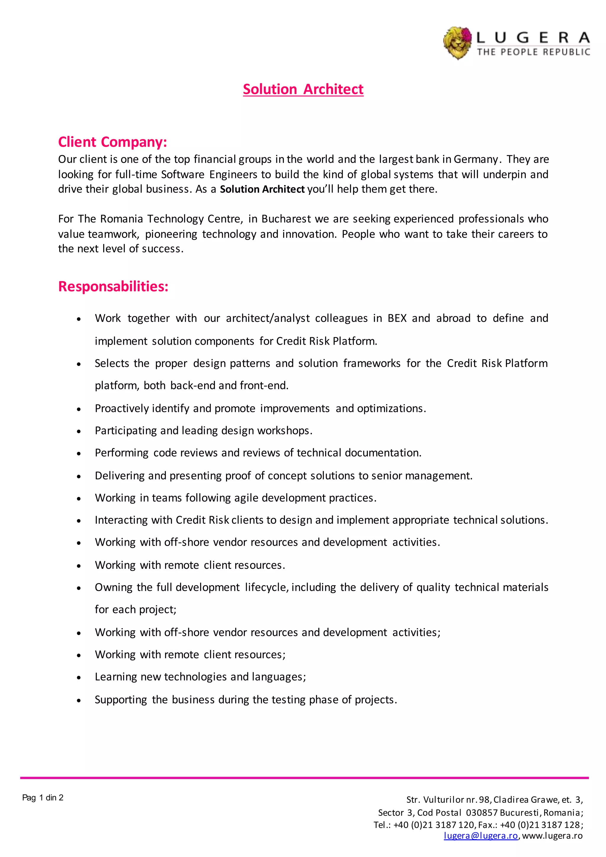 JD Solution Architect- Credit Risk | PDF