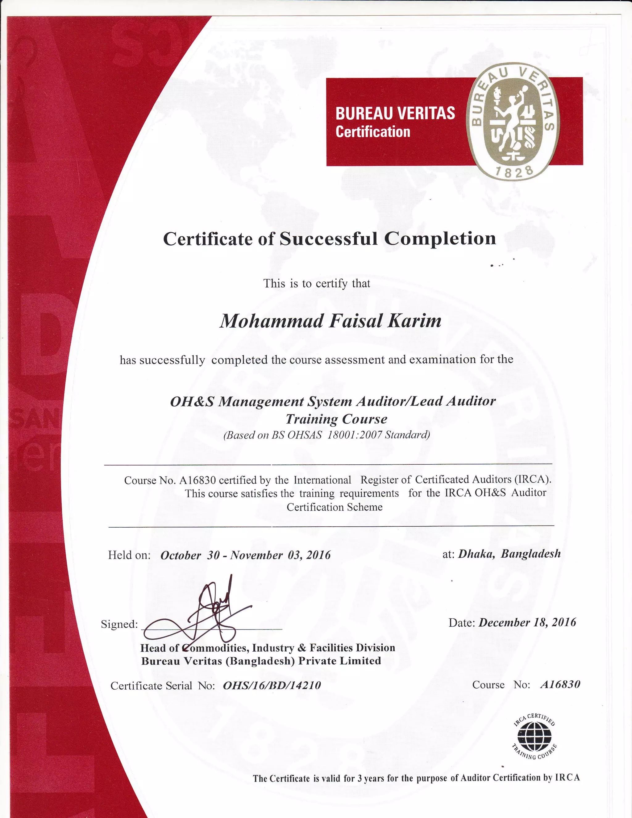 BS_LA OHSAS Certificate_Faisal Karim | PDF