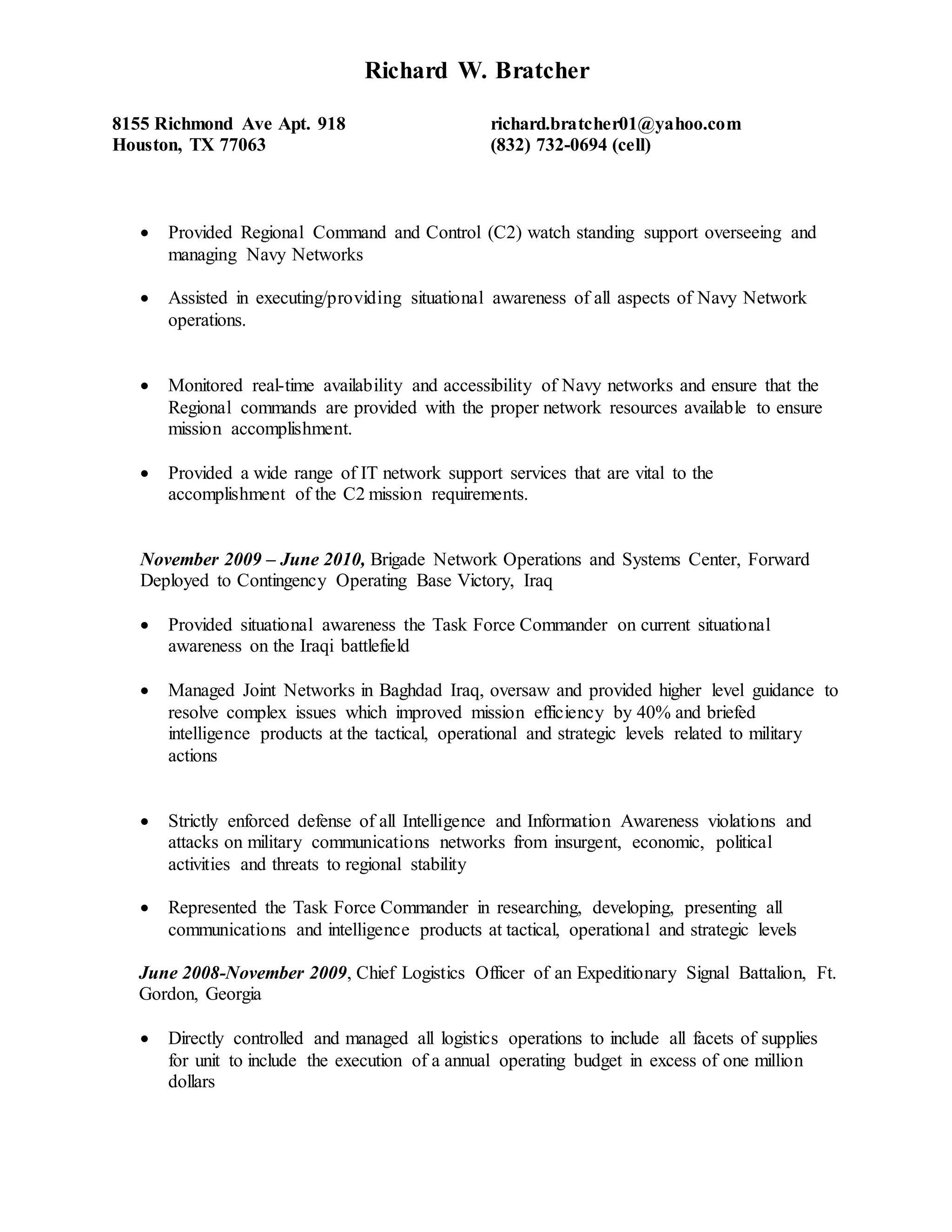 Richard W Bratcher Resume doc | DOCX