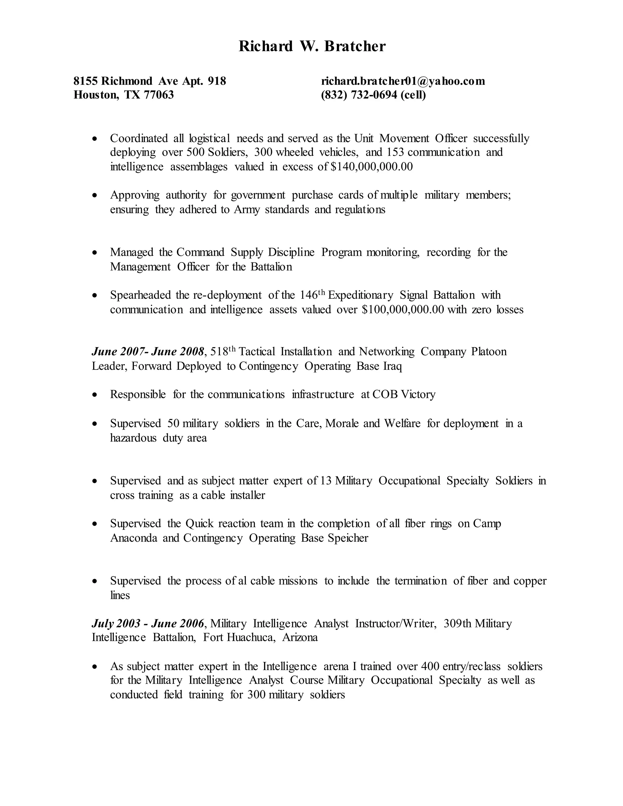 Richard W Bratcher Resume doc | DOCX