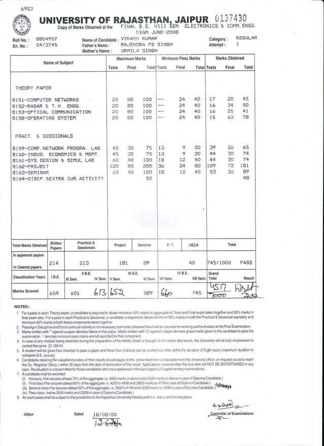 B.E. Marksheet | PDF