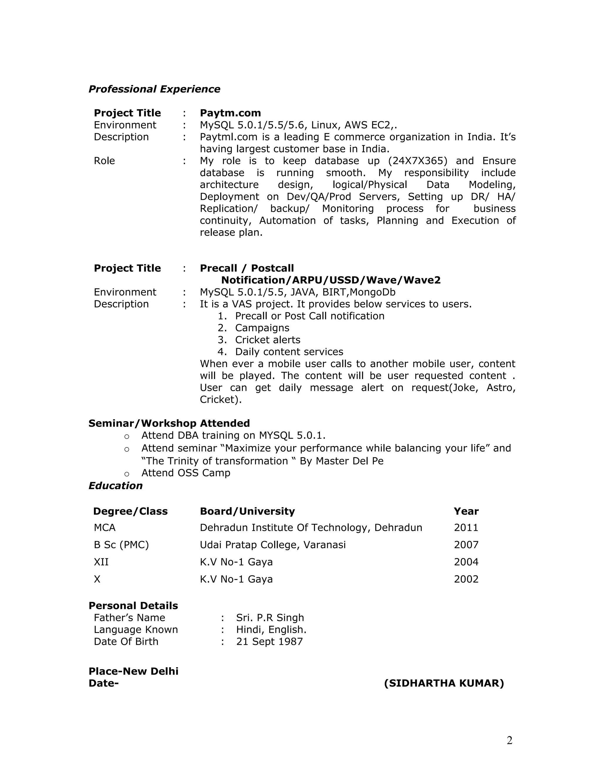 Siddhartha-Resume | DOC | Databases | Computer Software and Applications