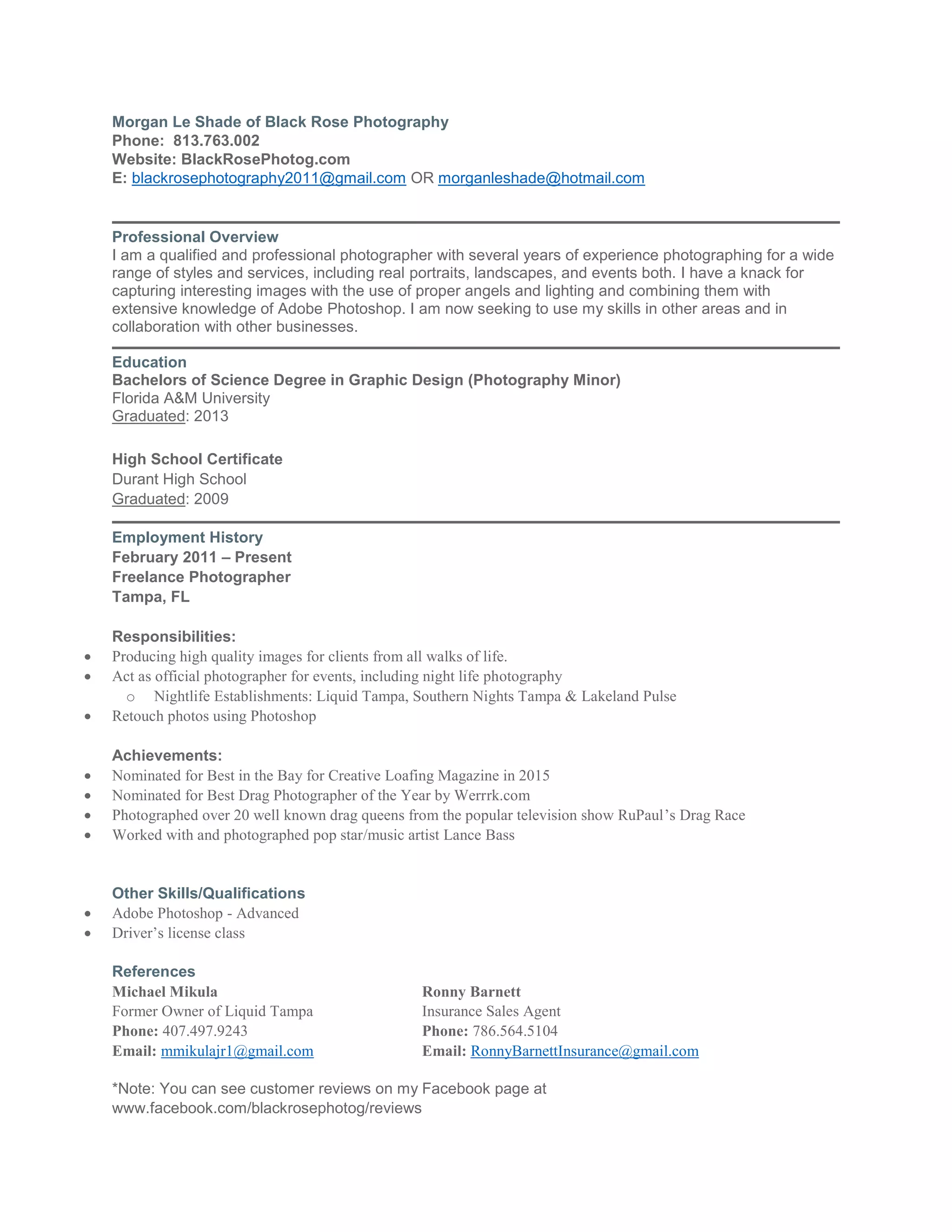 Photographer Resume 2016 | PDF