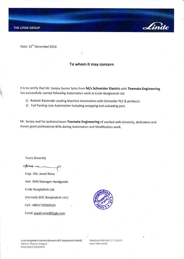 Sanjoy Saha_Appreciation_letter_LINDE_Bangladesh | PDF | Business | Business and Finance