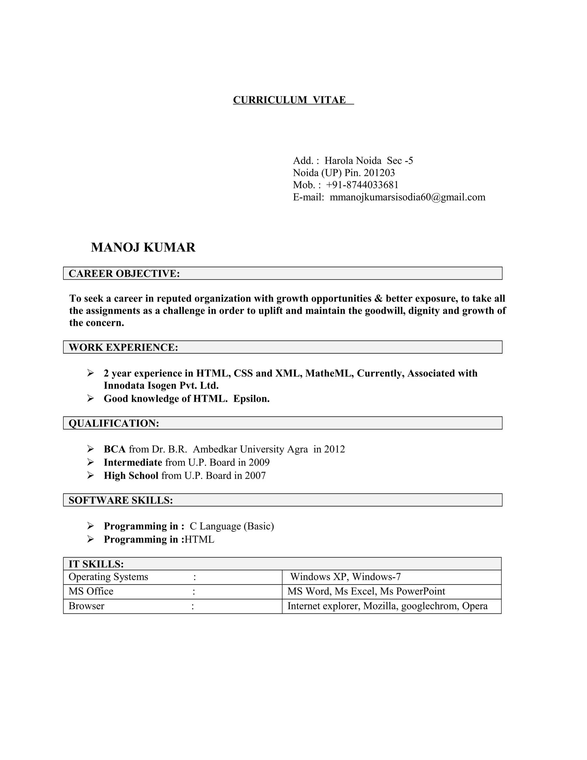 MANOJ KUMAR RESUME | DOC