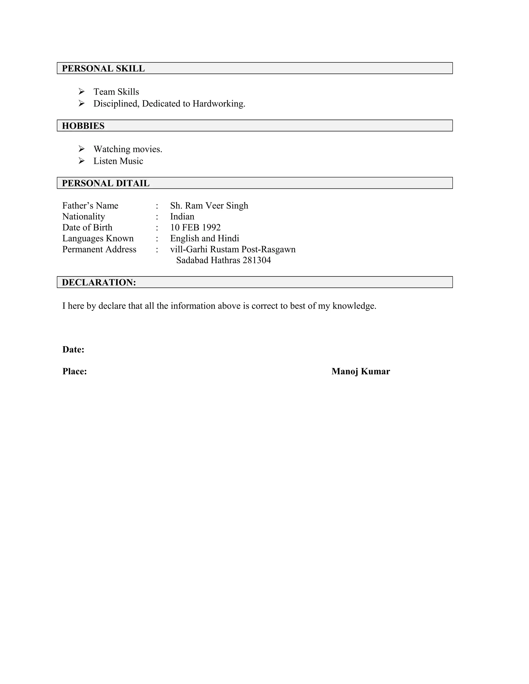 MANOJ KUMAR RESUME | DOC