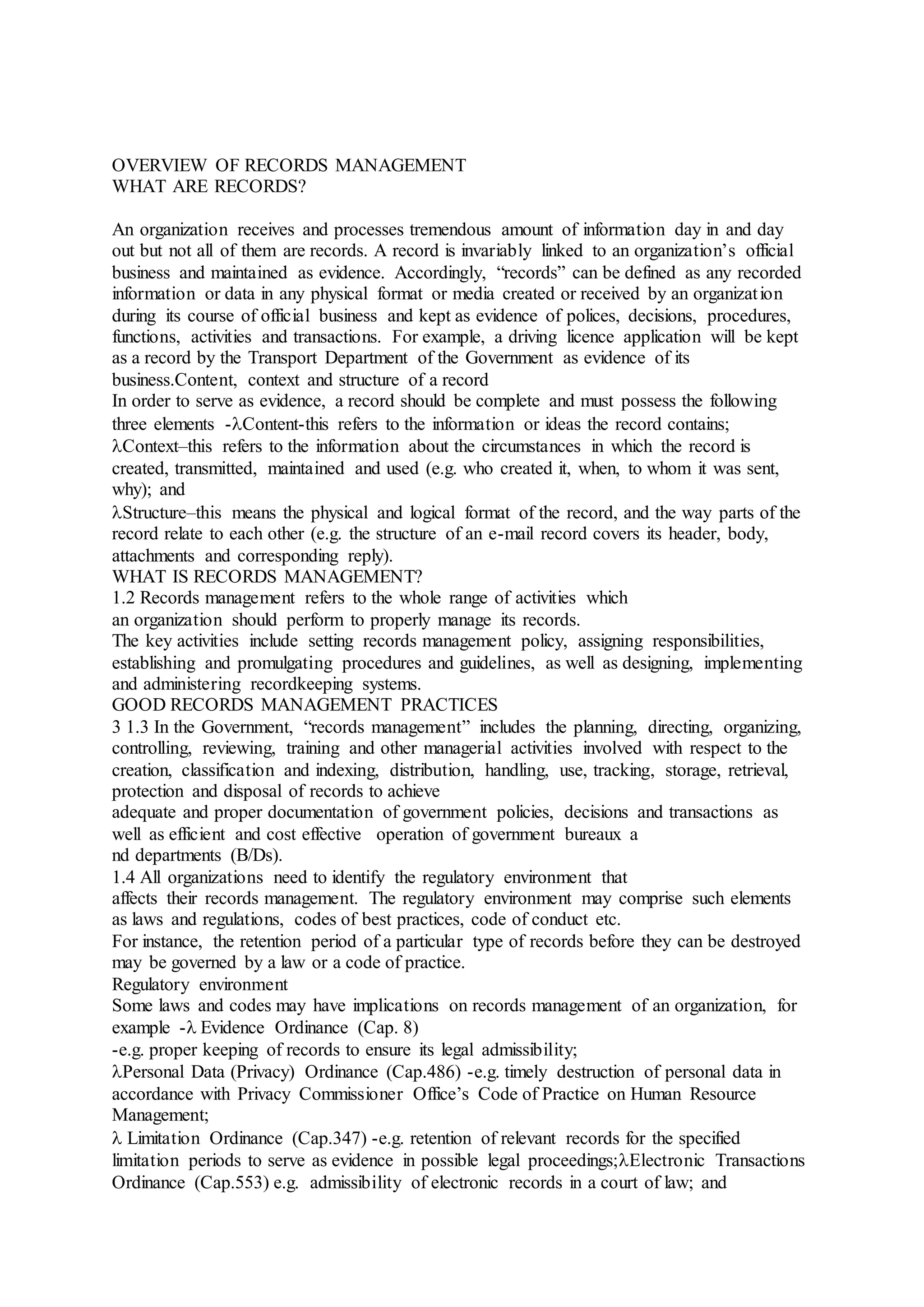 OVERVIEW OF RECORDS MANAGEMENT. | DOCX