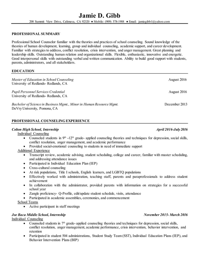 Counseling Resume | DOCX