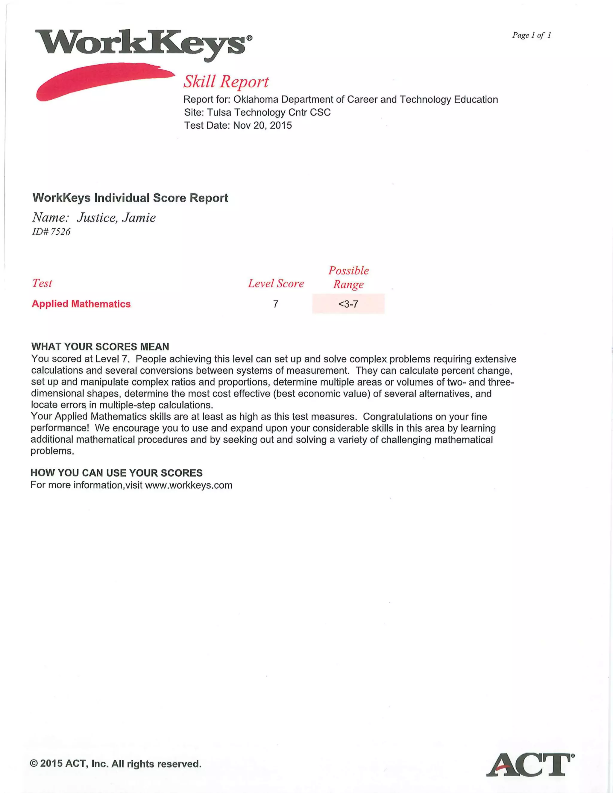 WorkKeys Individual Score Report 11-20-2015 | PDF | Education