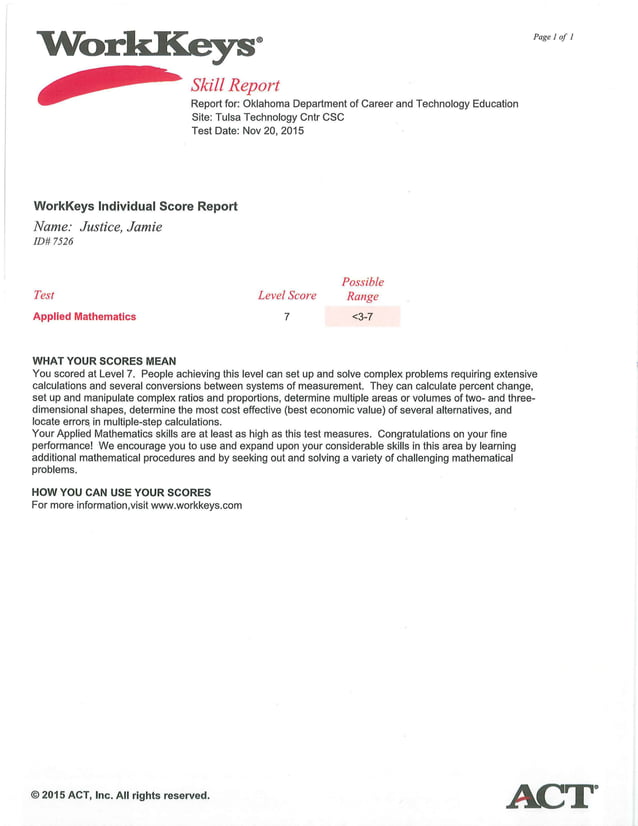 WorkKeys Individual Score Report 11-20-2015 | PDF | Education