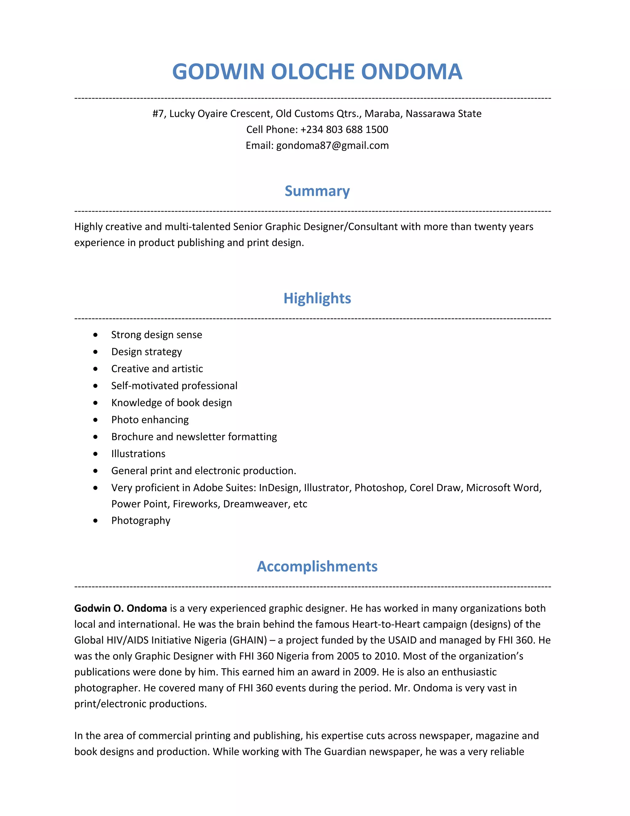 Godwin Ondoma latest CV 10 6 2015 | DOC