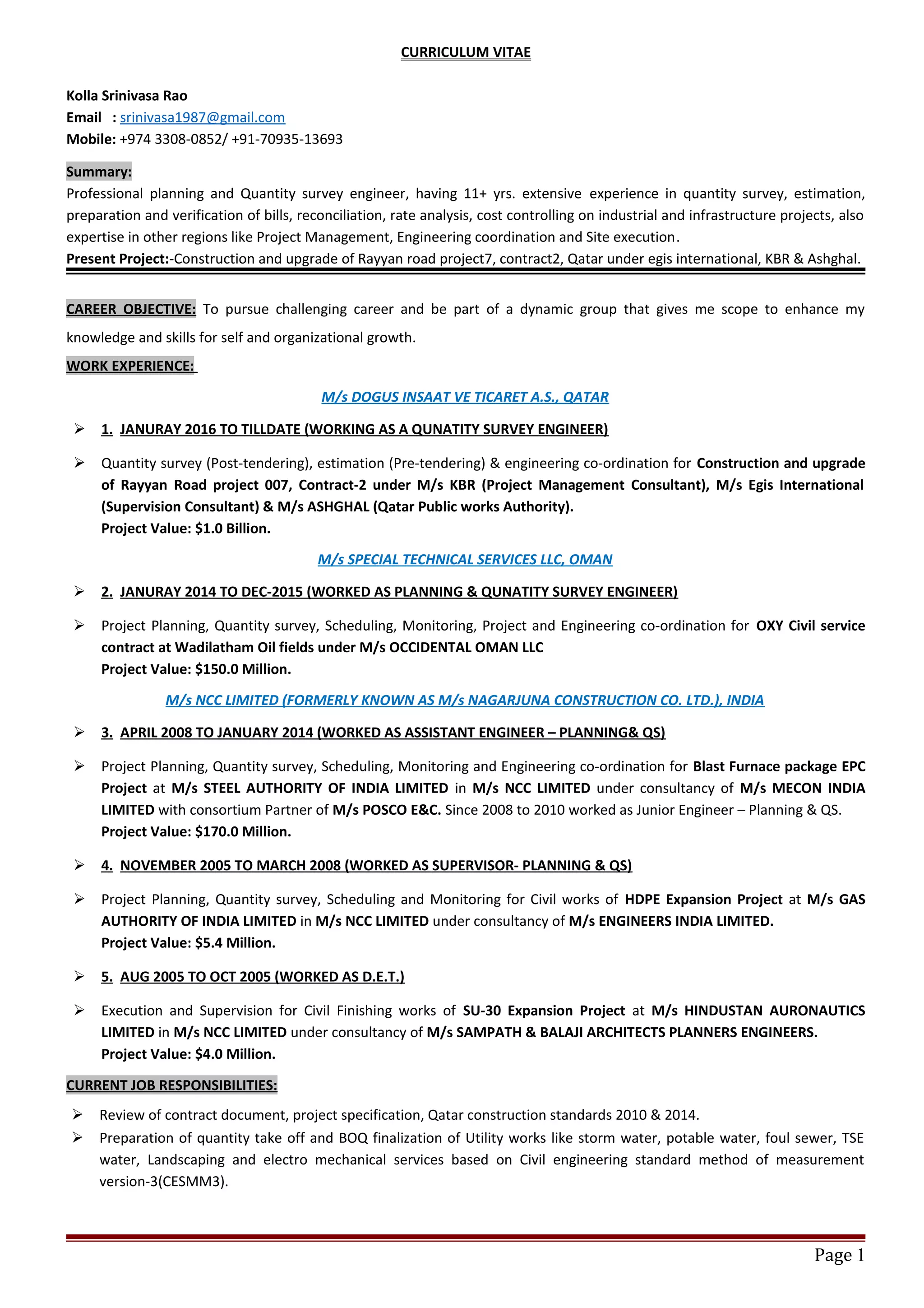 K. Srinivas Rao- CV - QS | DOC