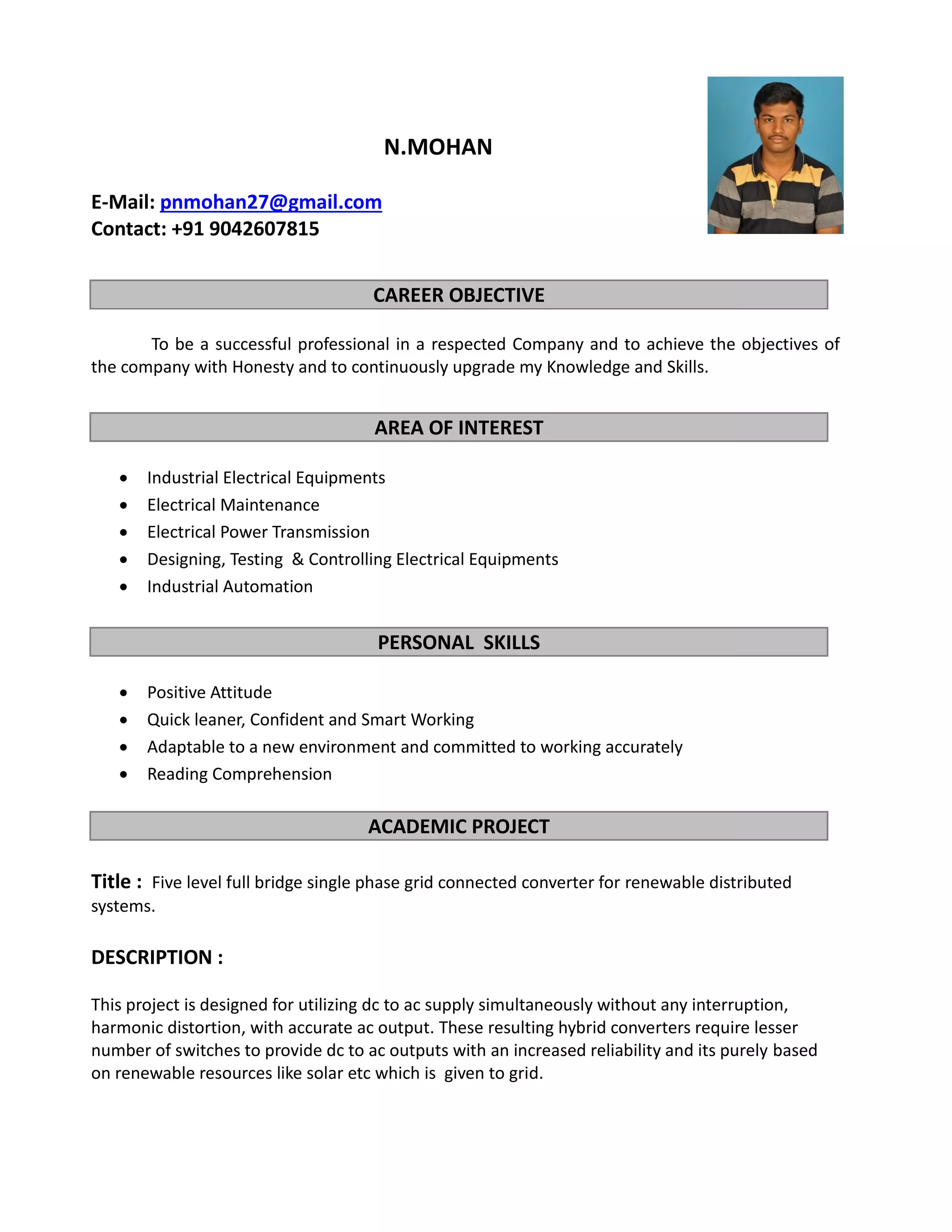 RESUME-Mohan B.E(EEE)Fresher | PDF