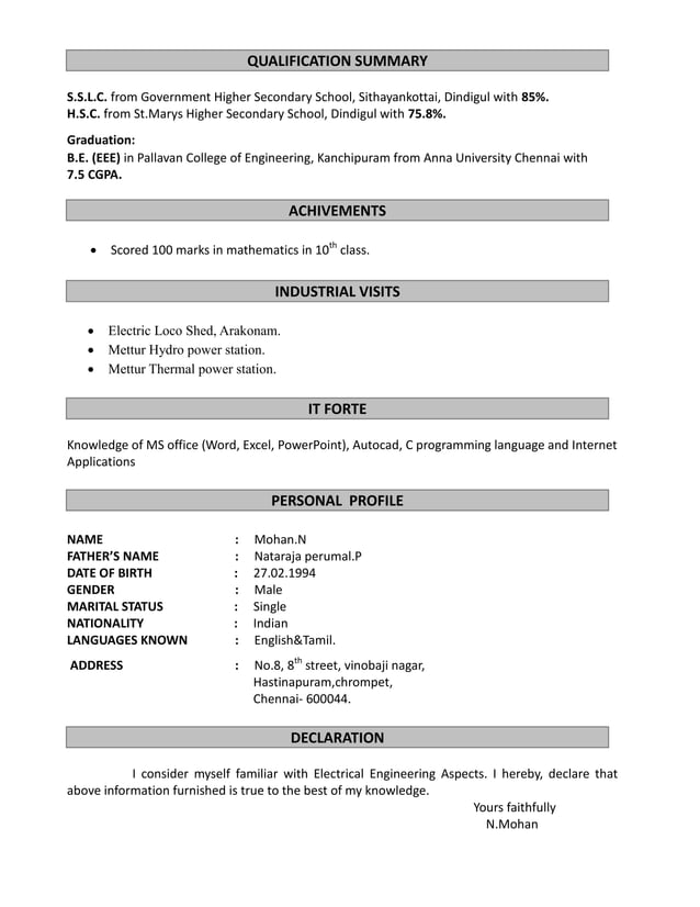 RESUME-Mohan B.E(EEE)Fresher | PDF
