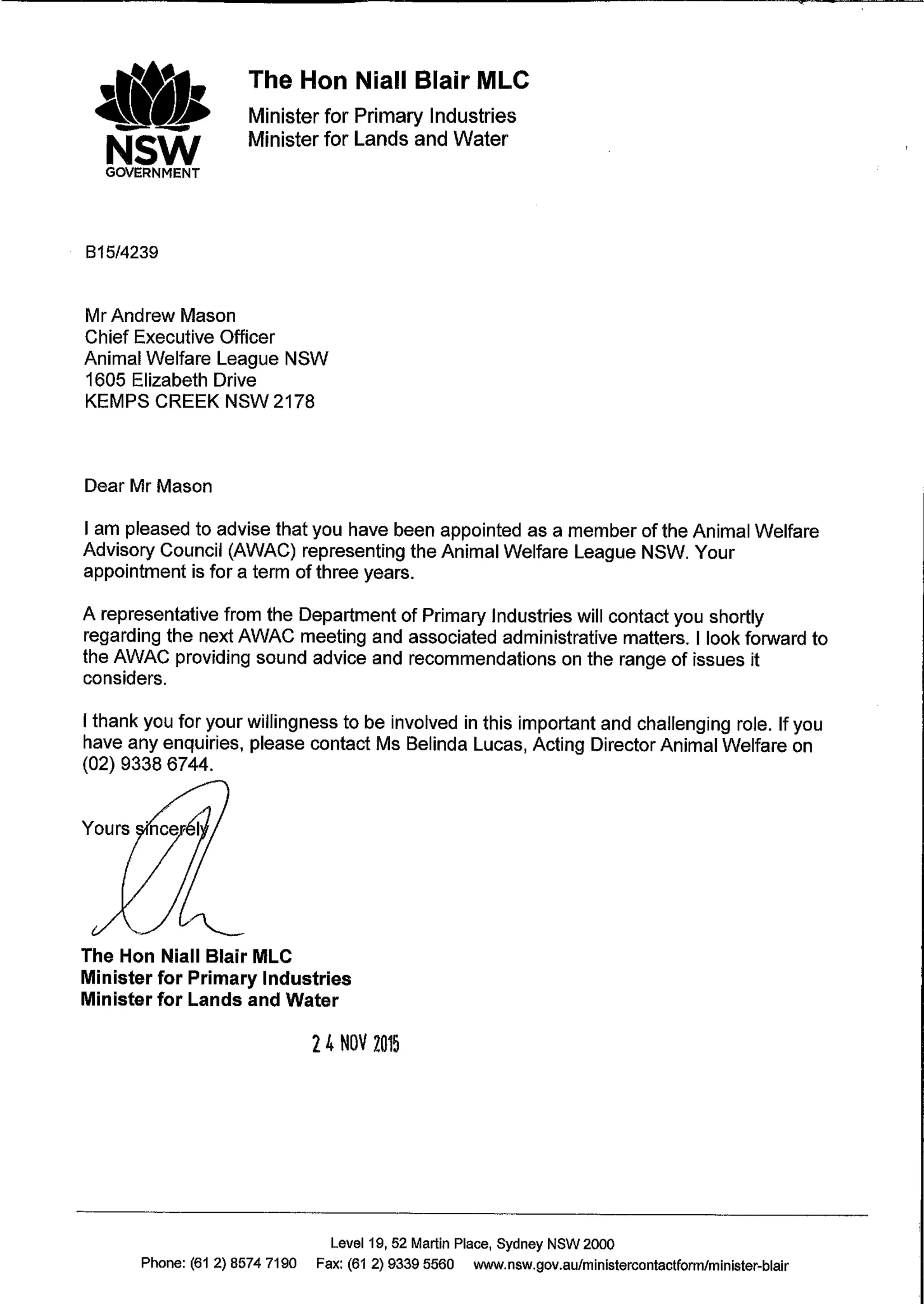 AWAC appointment letter from Minister Blair | PDF