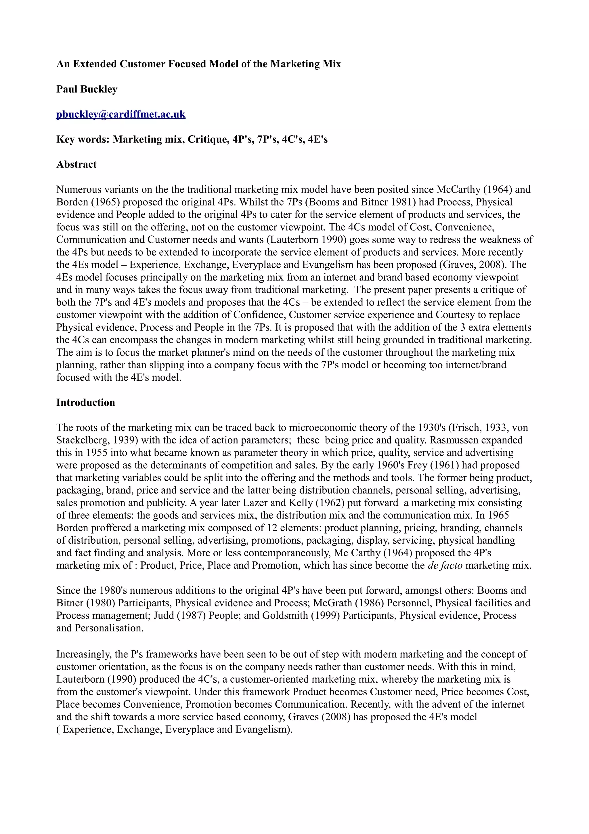 An Extended Customer Focused Model of the Marketing Mix | DOC