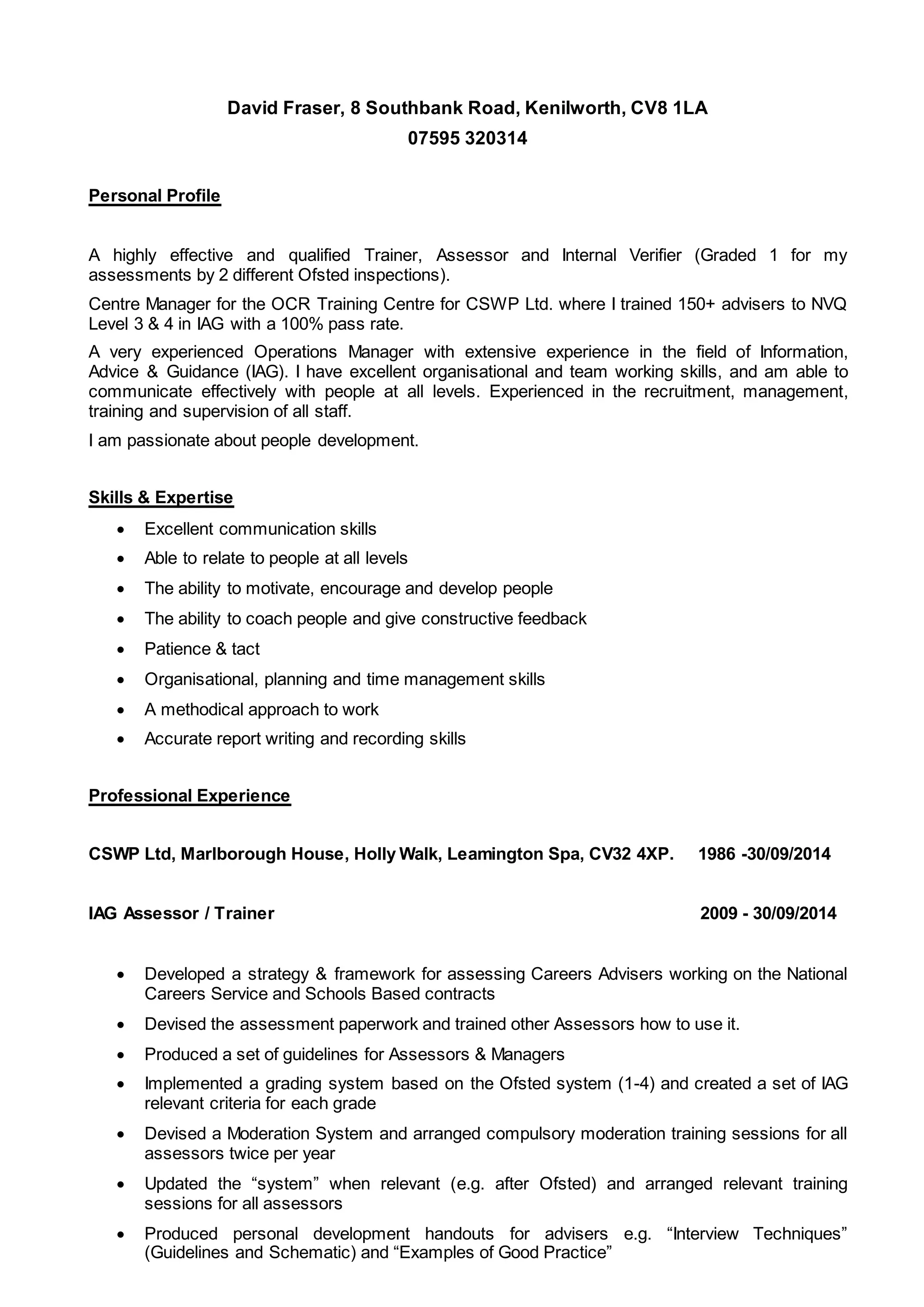 Dave's CV August 2014 | DOCX