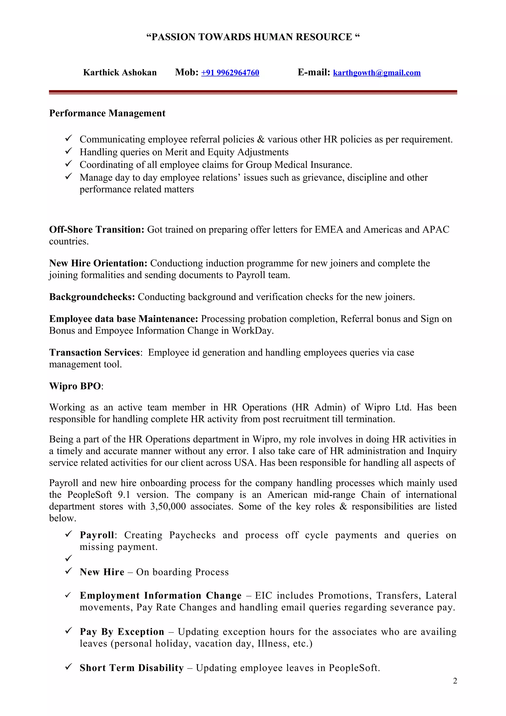 Karthick Resume - Updated | DOC | Human Resources | Business
