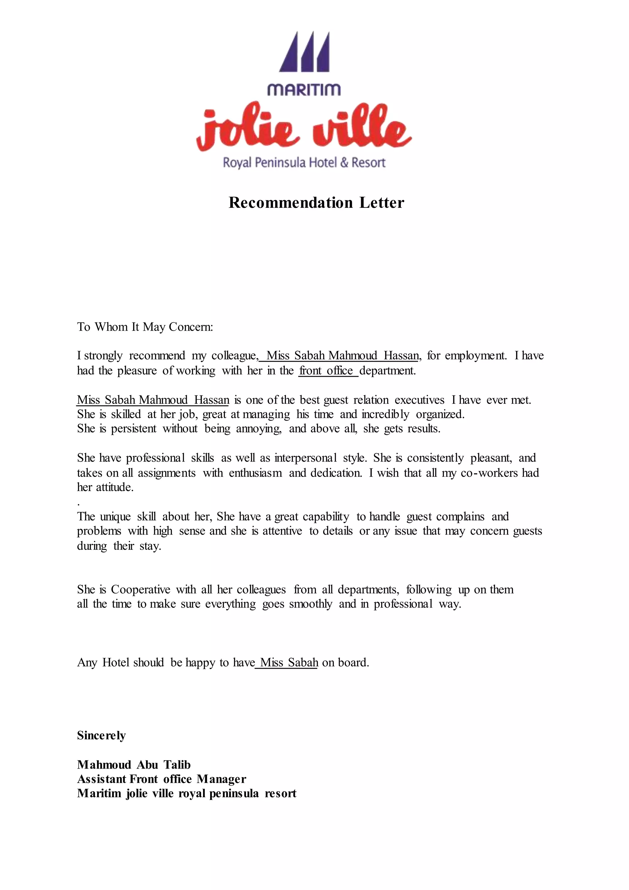 recommendation letter - Copy | DOCX