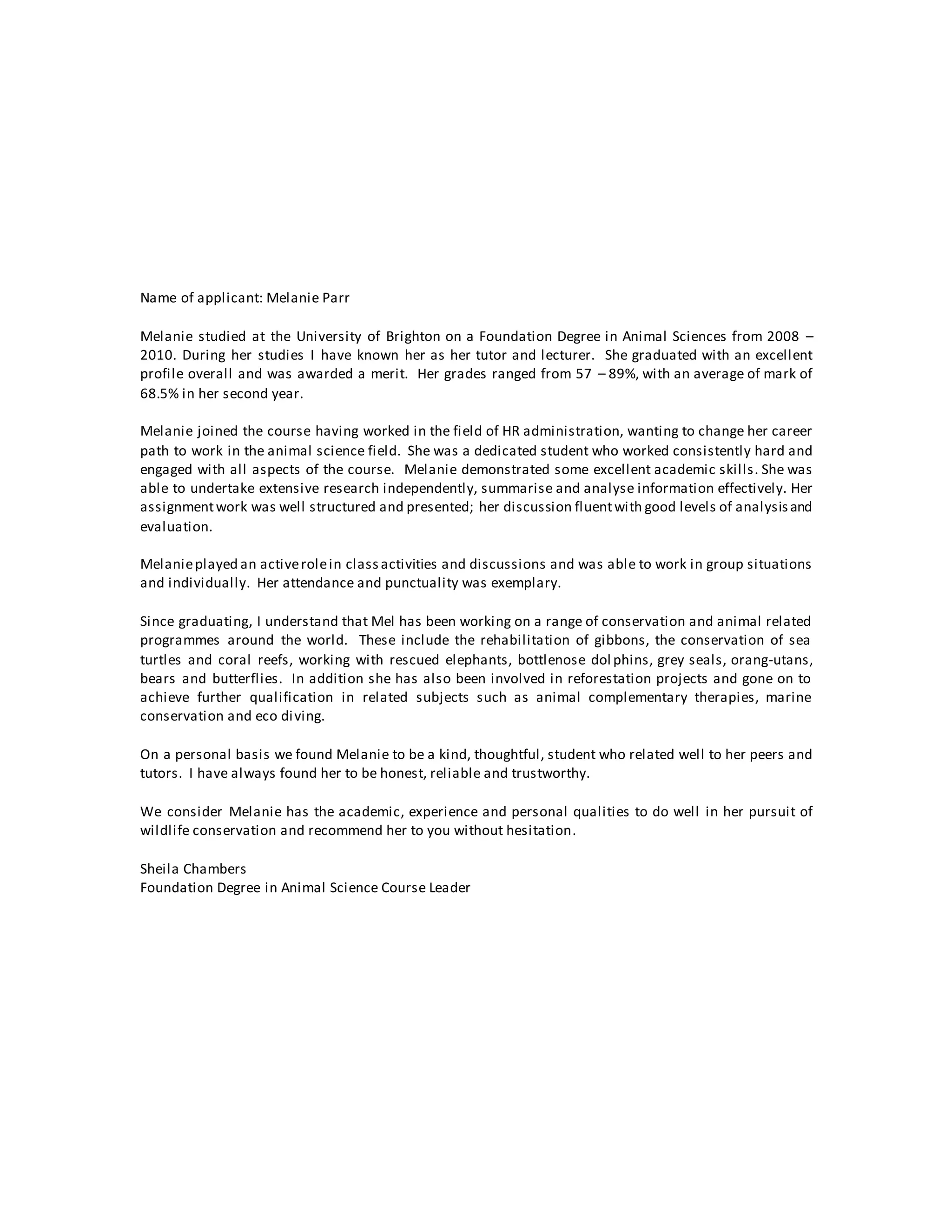 Sheila Chambers - Plumpton Reference Letter | DOCX