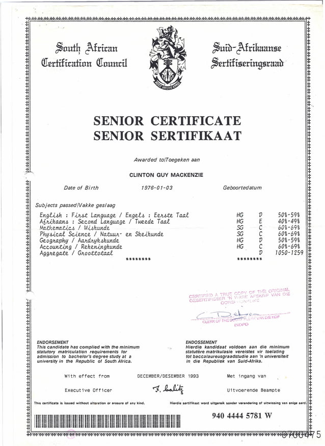 Clint Mackenzie Senior Certificate | PDF