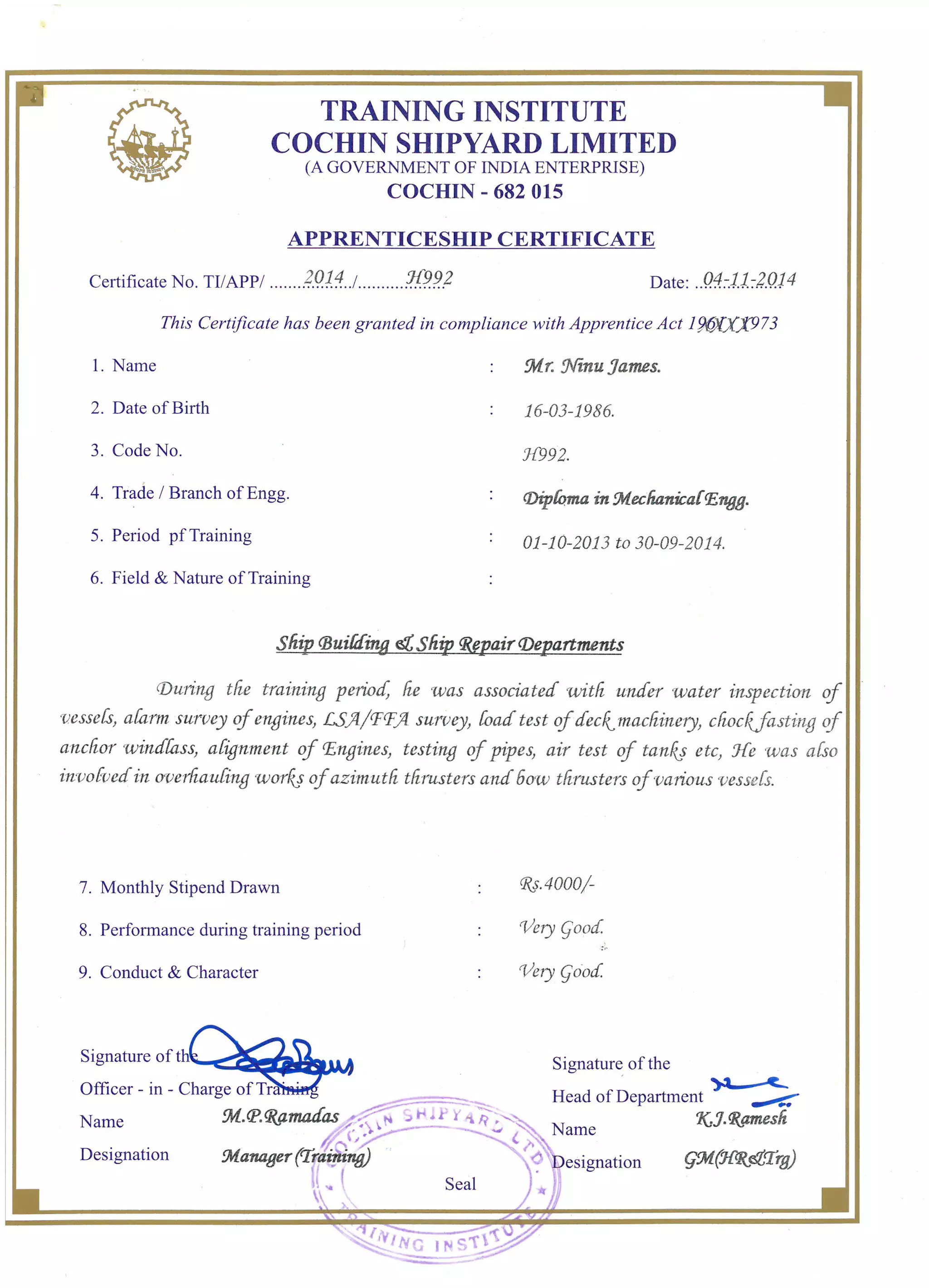 COCHIN SHIPYARD CERTIFICATE - NINU JAMES | PDF