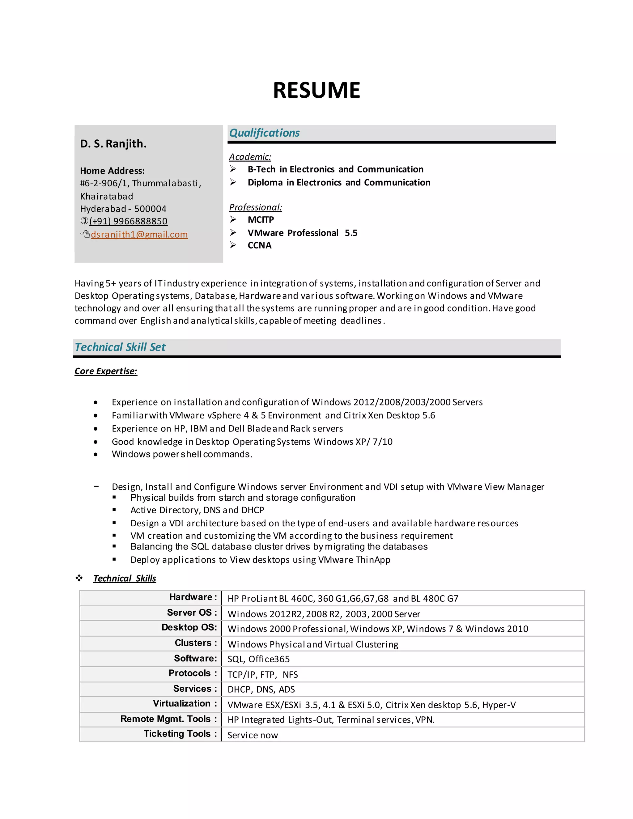 Ranjith - Windows and VMware | DOCX