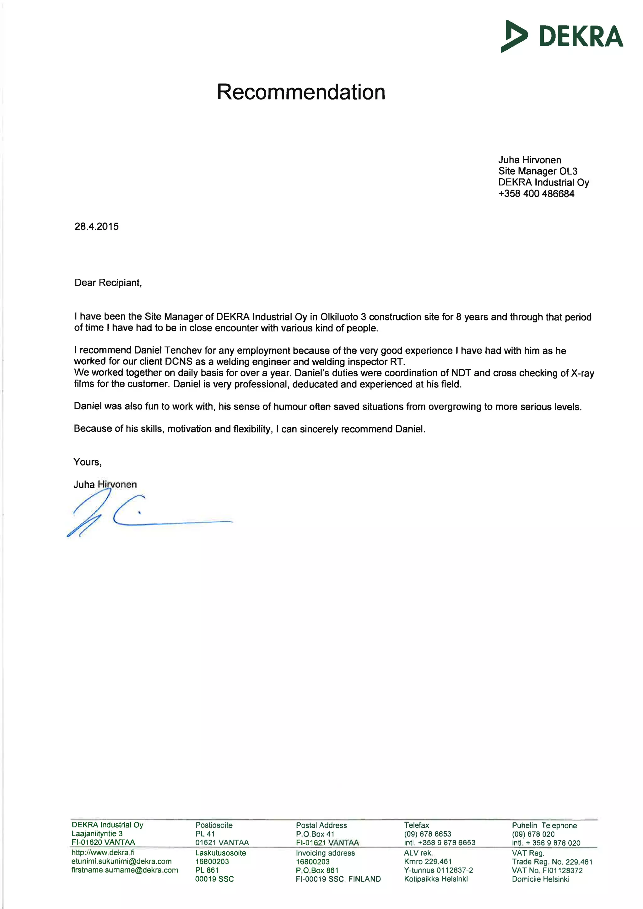 Recommendation Daniel Tenchev_DEKRA | PDF